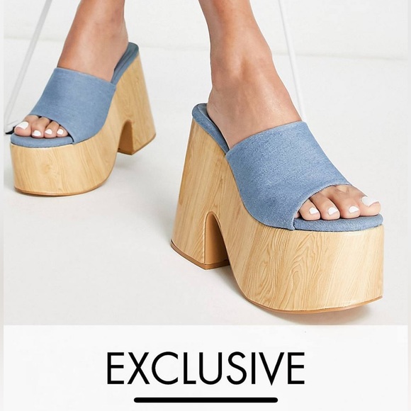 ASOS | Shoes | Asos Daisy Street Chunky Platform Mule Sandals In Denim And Wooden Stack | Poshmark